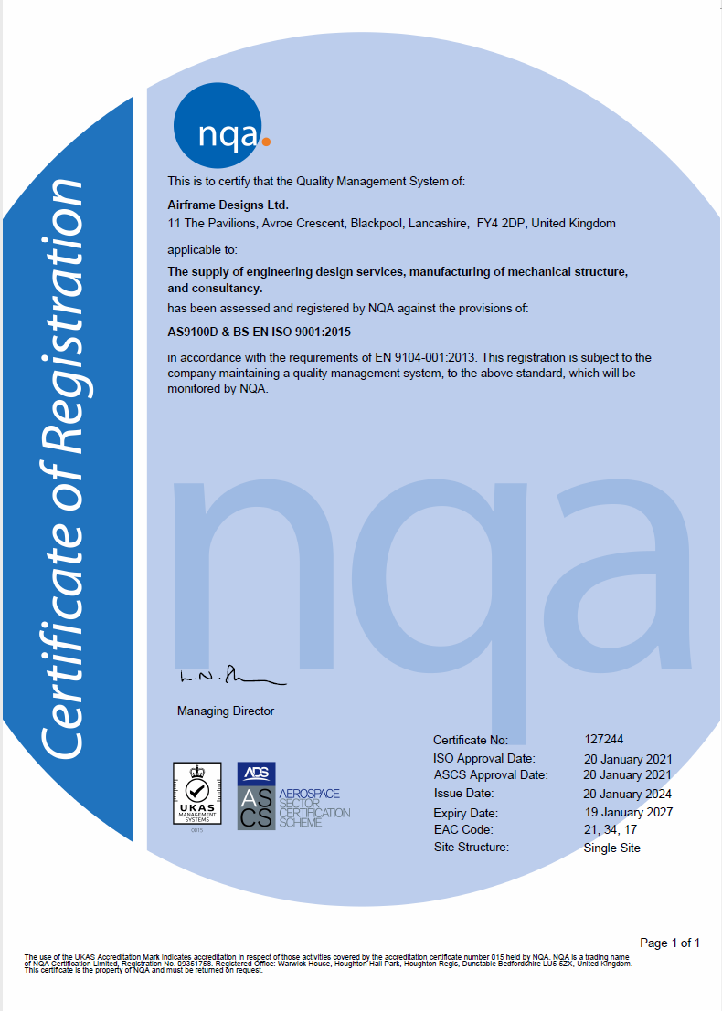 We're Re-Certified To AS9100D Standard | Airframe Designs